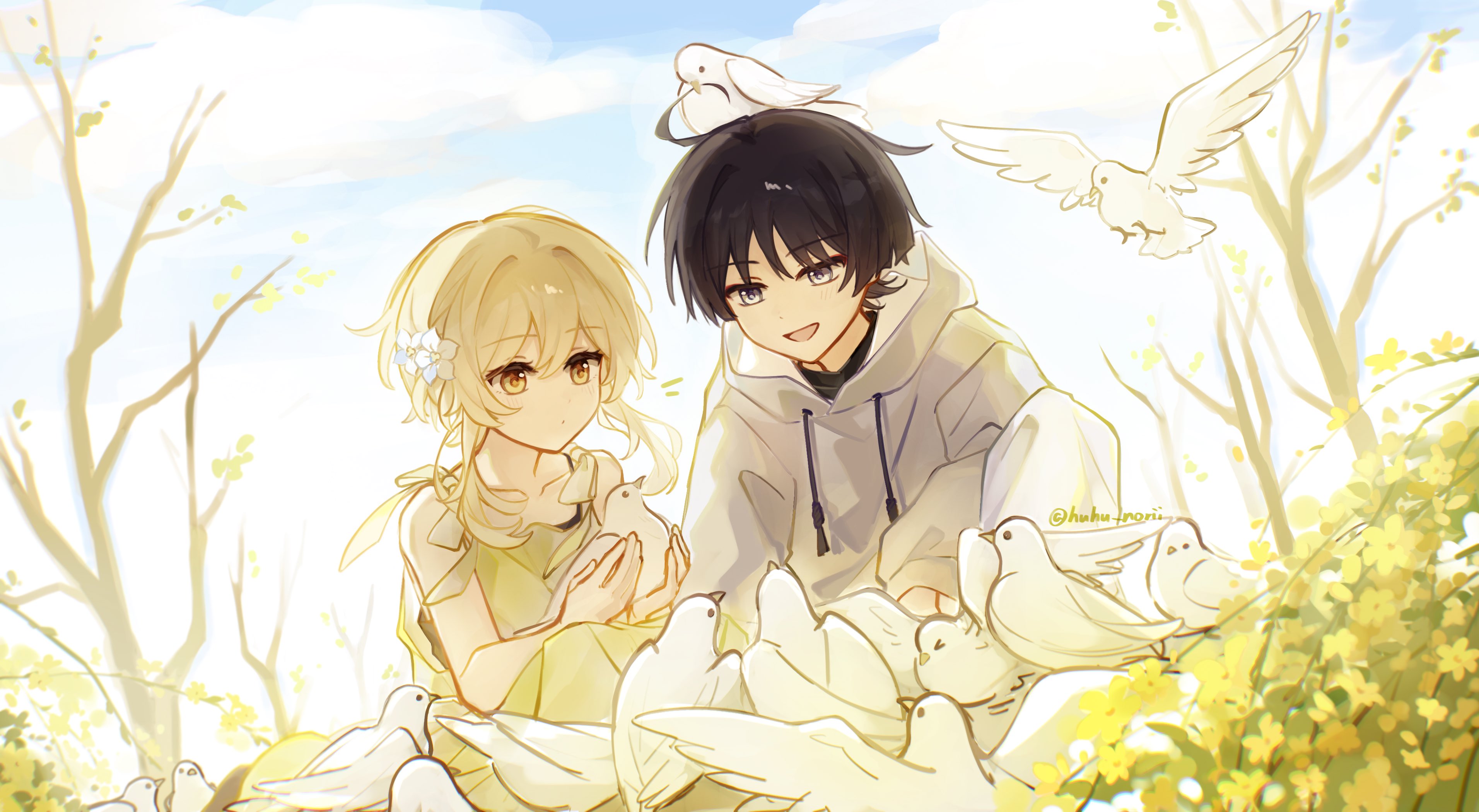 Safebooru - 1boy 1girl absurdres ahoge alternate costume animal animal on head bare shoulders ...