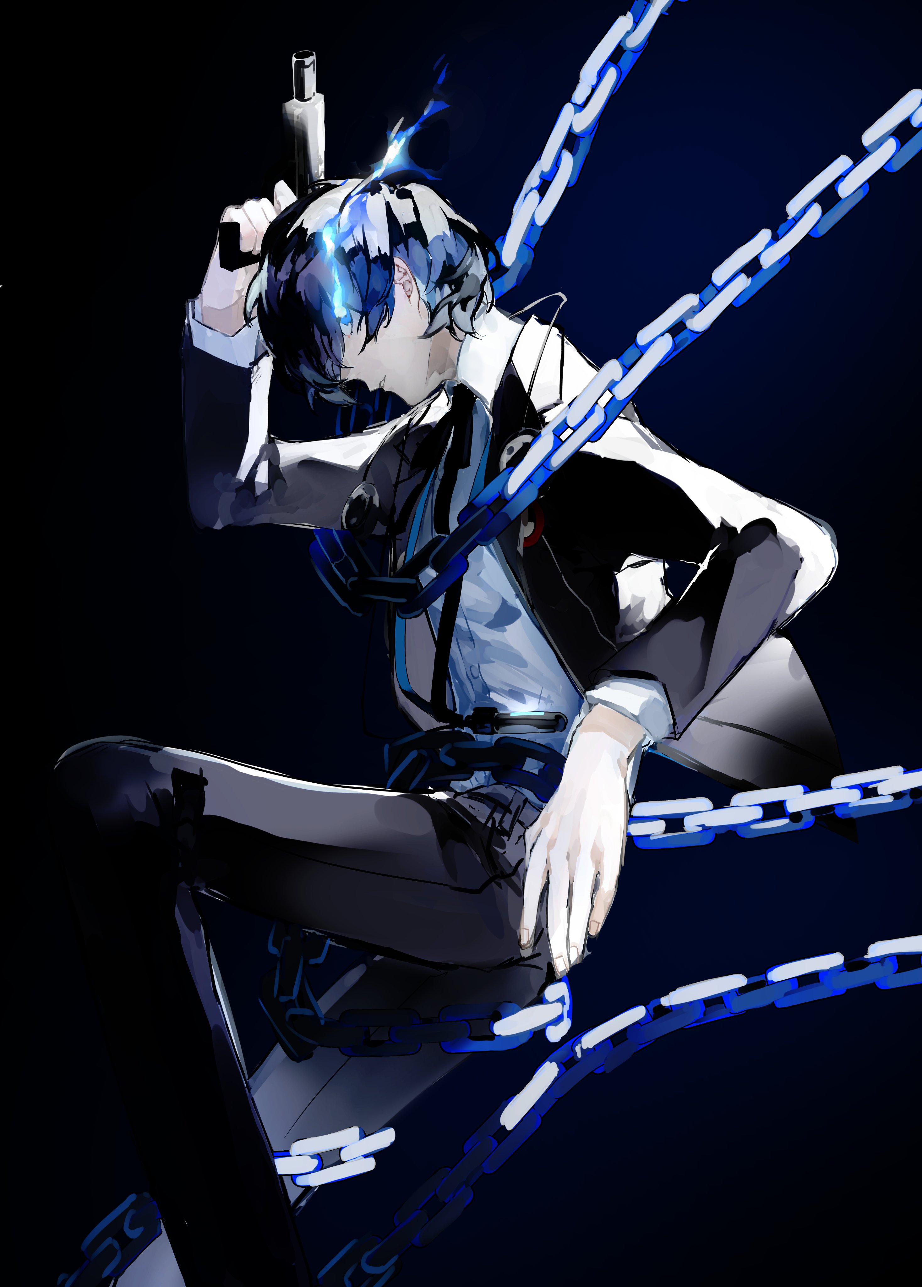 Safebooru - 1boy absurdres black jacket blue eyes blue hair bow chain ...