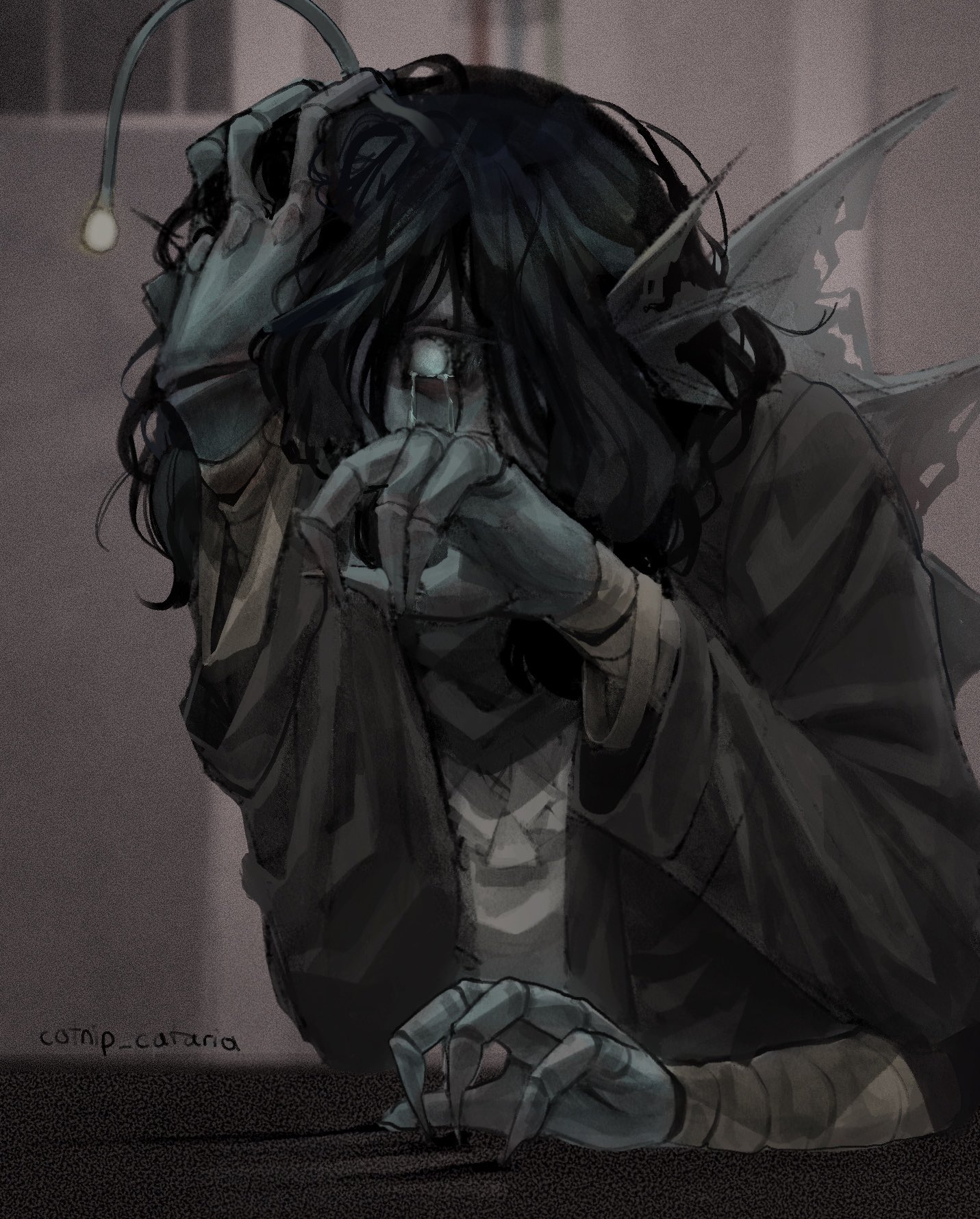 Safebooru - 1boy anglerfish boy back fin bags under eyes bandaged arm ...