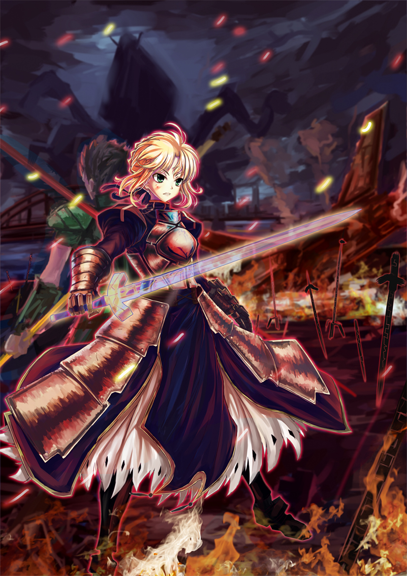 Safebooru - 1girl ahoge armor armored dress back-to-back black hair ...