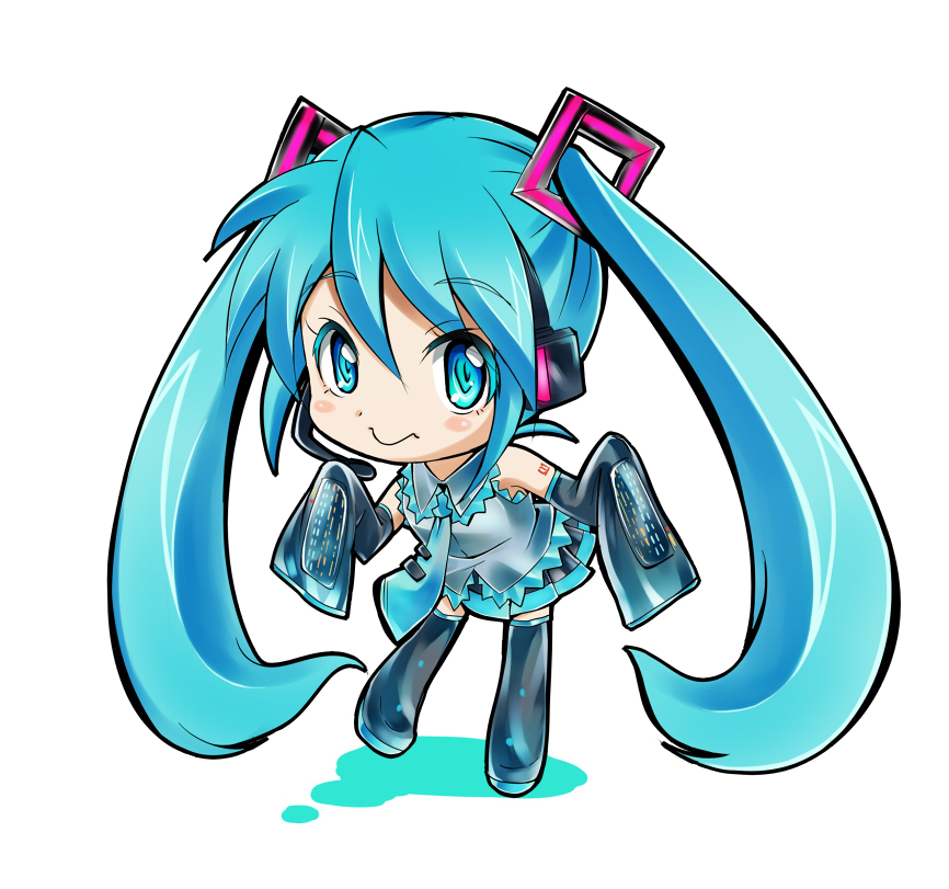 Safebooru - aqua eyes aqua hair boots chibi detached sleeves gelatin ...