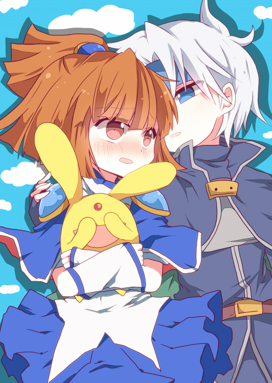 Safebooru - 1boy 1girl arle nadja armor belt blue background blue eyes brown eyes brown hair ...