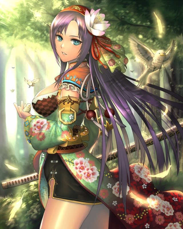 Safebooru - aqua eyes bird breasts bushin renkei zero cleavage flower hair flower hair ornament ...