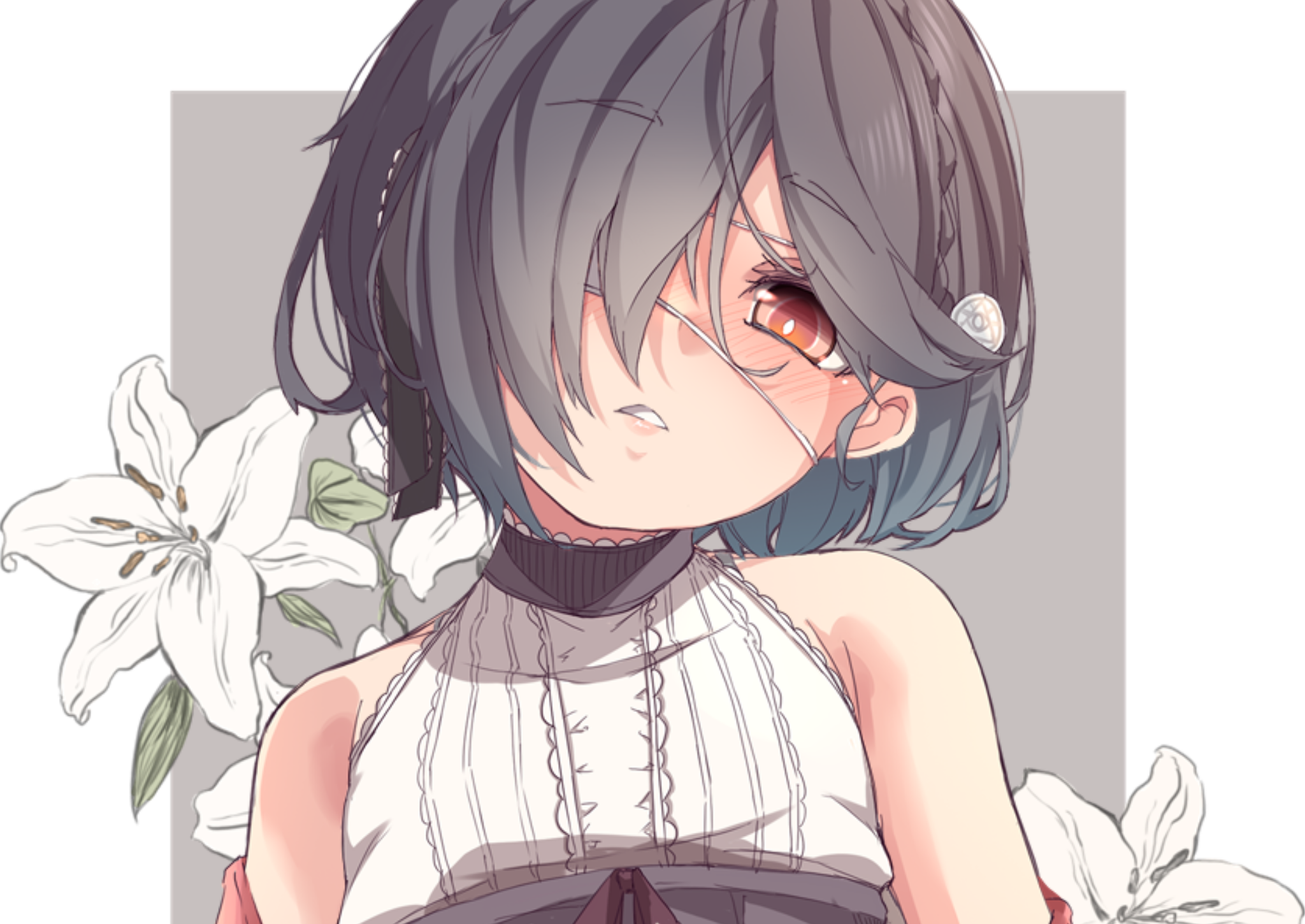 Safebooru 1girl Bare Shoulders Blush Dress Eyepatch Flat Chest Flower