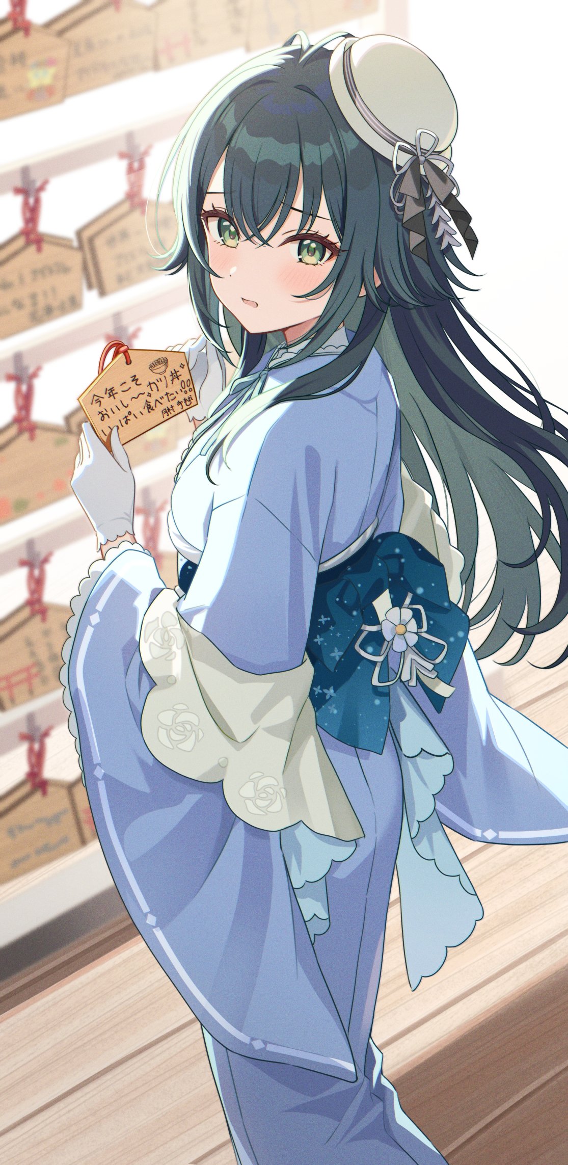 Safebooru - 1girl blue kimono gakuen idolmaster gloves green eyes green ...