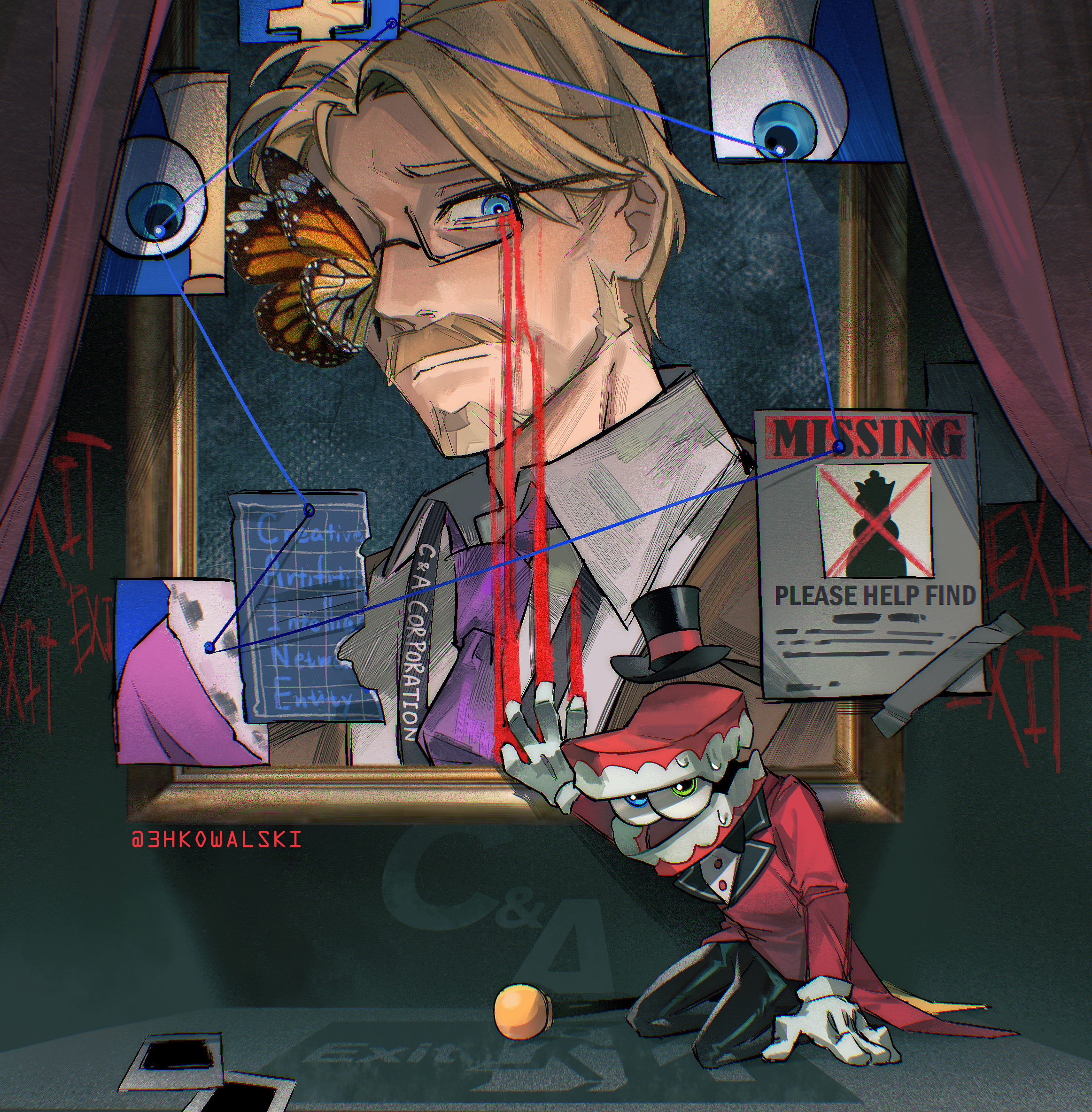 Safebooru - 2boys 3hkowalski black pants blood trail blue eyes blue ...