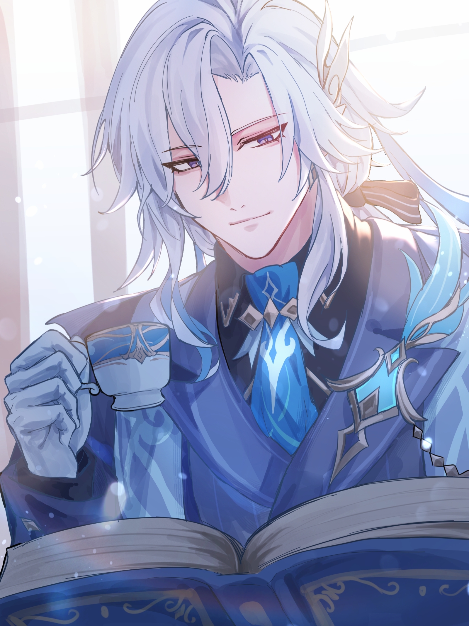 Safebooru - 1boy black shirt blue jacket blue necktie book chinese ...