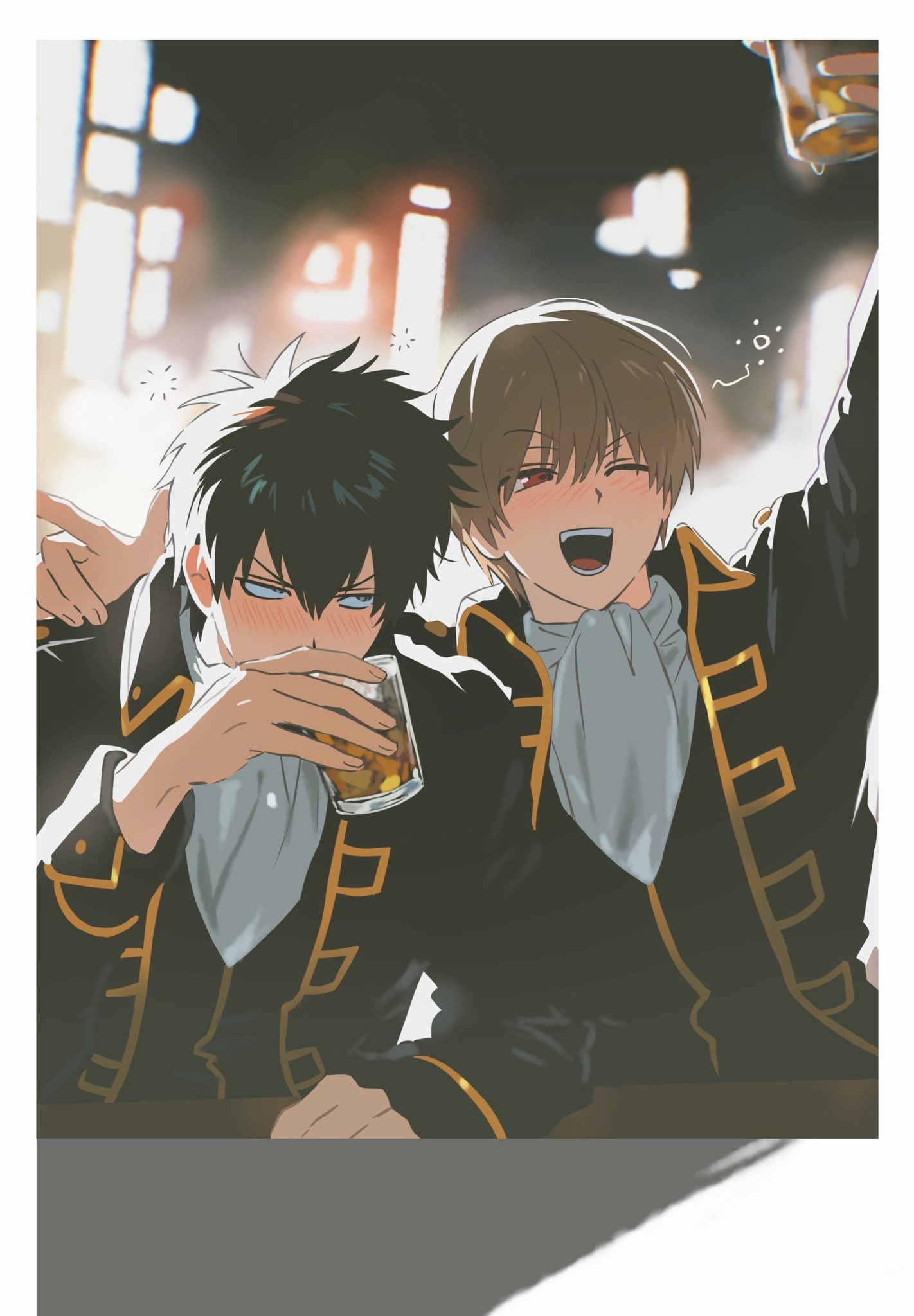 Safebooru - 2boys alcohol beer black hair border brown hair cup gintama ...