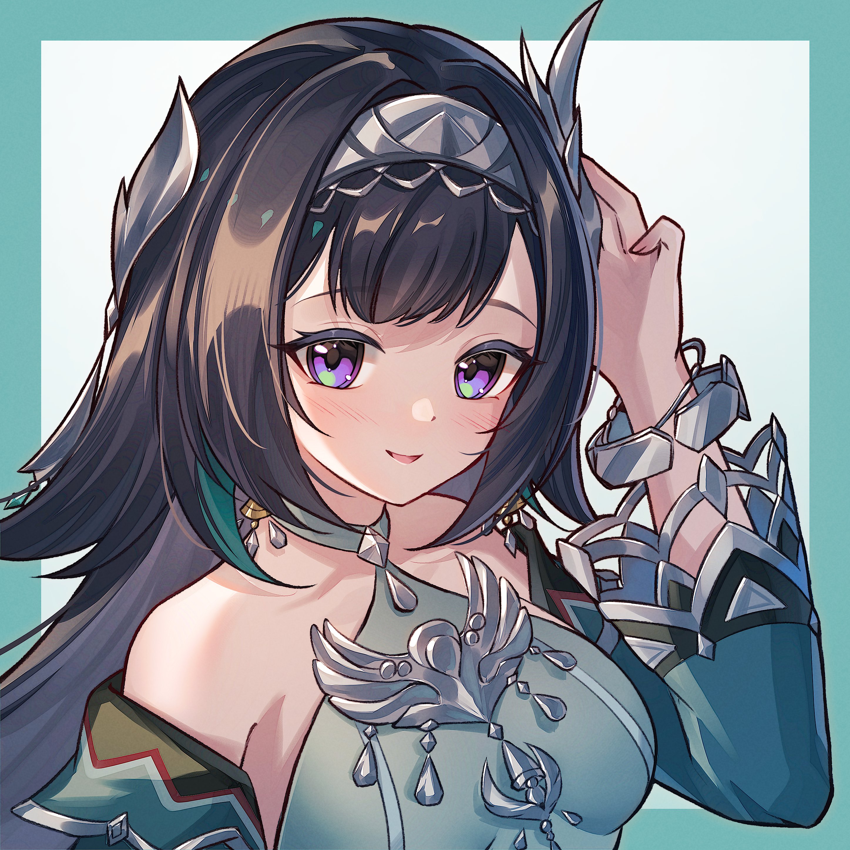 Safebooru - 1girl absurdres arm up bare shoulders black hair blush ...