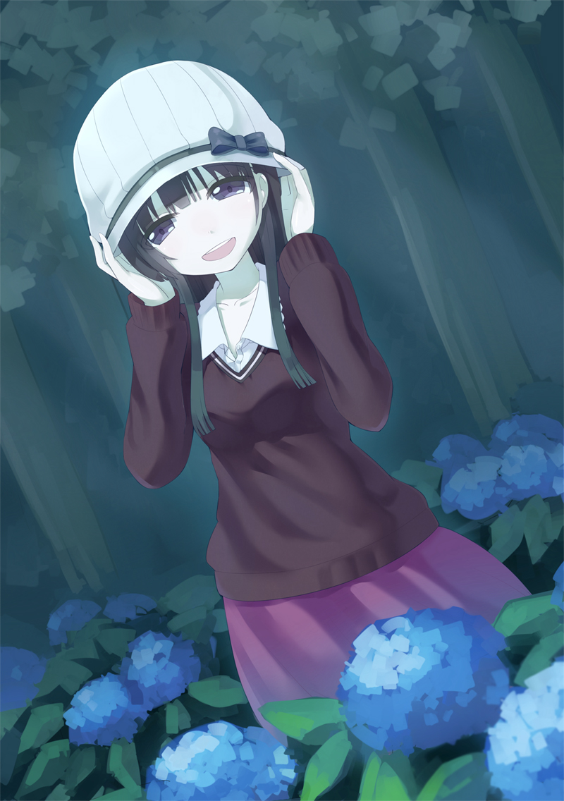 Safebooru - black hair flower hat hydrangea long hair open mouth purple ...