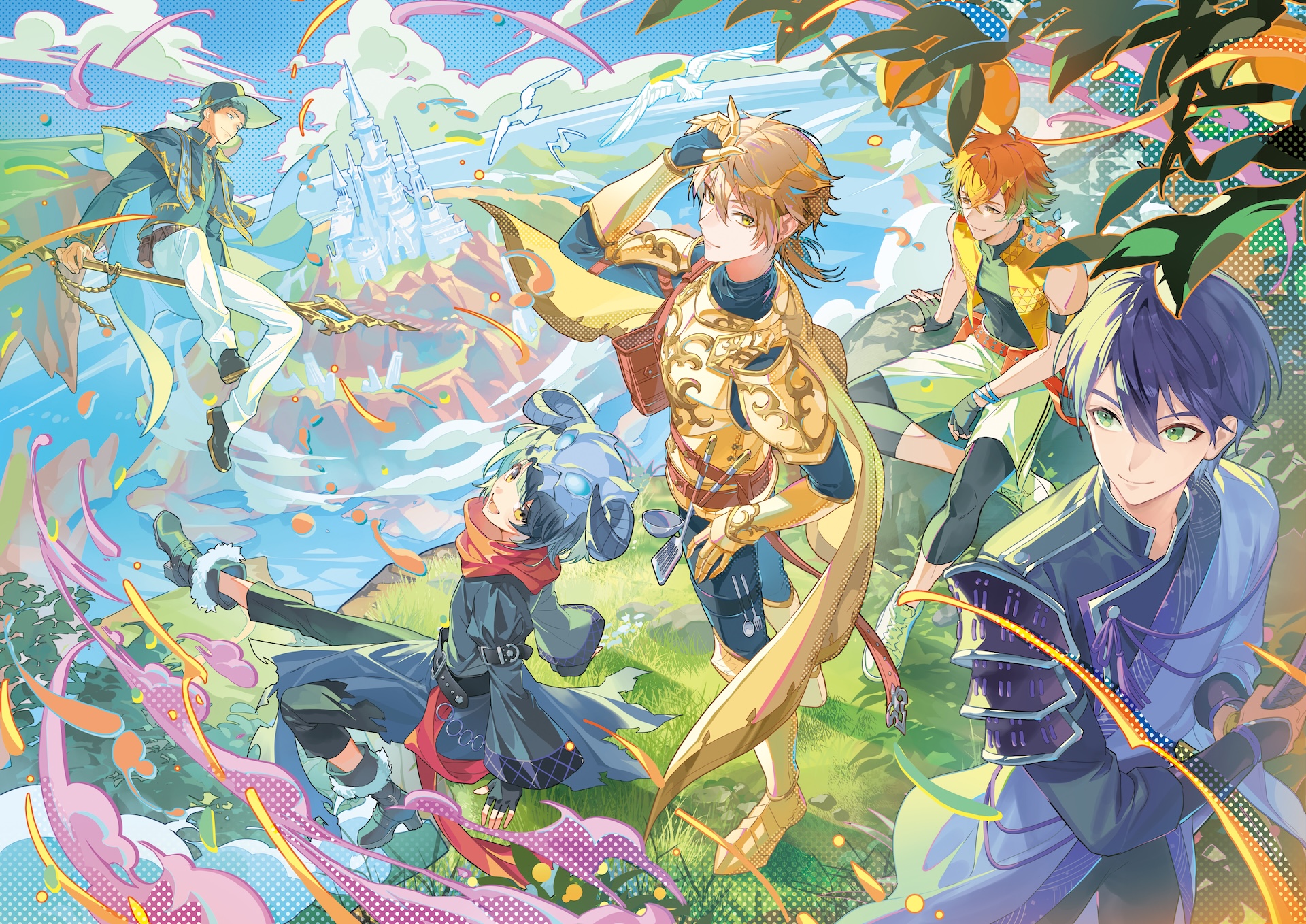 Safebooru - 5boys animal on shoulder ankle boots arm strap arm support ...