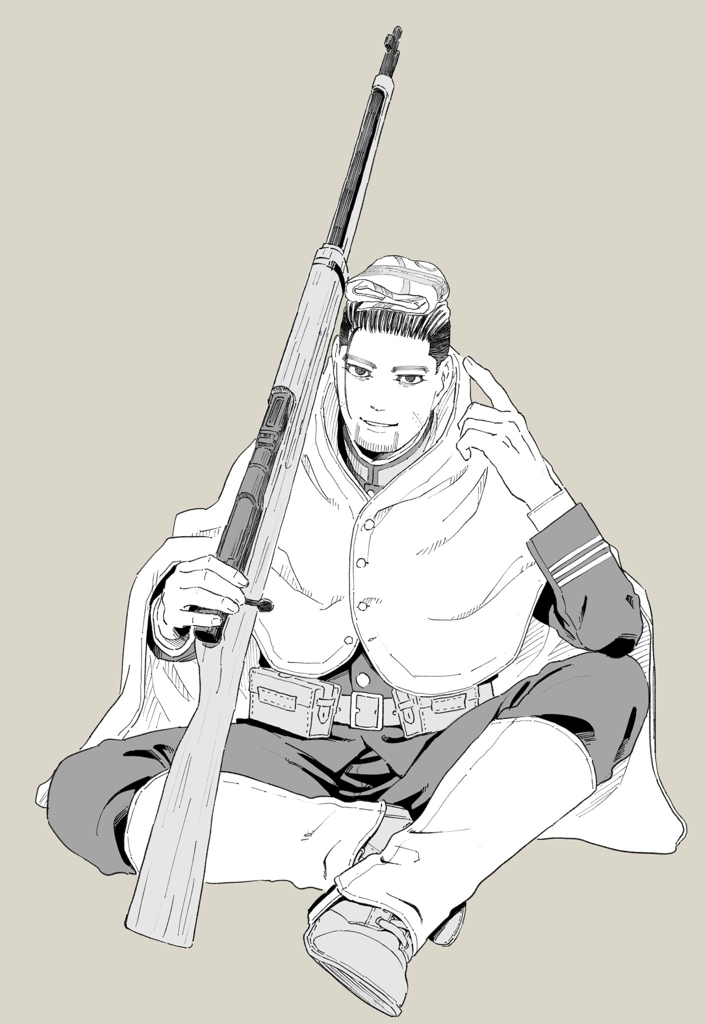 Safebooru - 1boy belt pouch bolt action boots brown background cloak ...