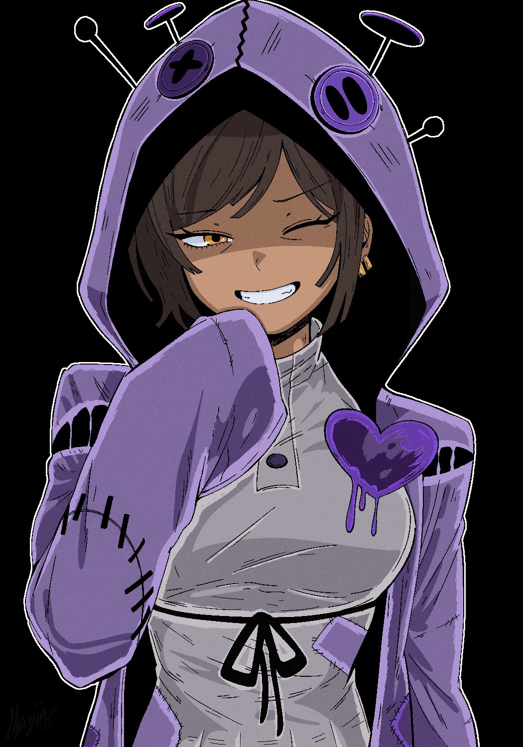 Safebooru - 1girl arm at side bags under eyes black background breasts ...