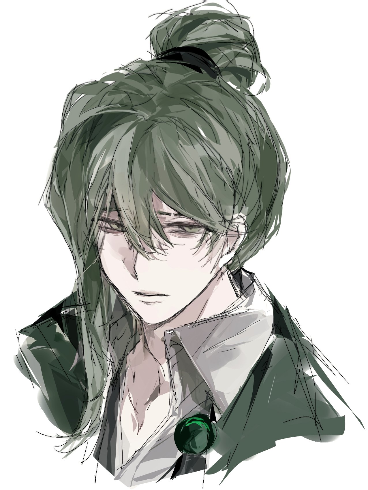 Safebooru - 1boy bags under eyes brooch collared shirt curtained hair ...