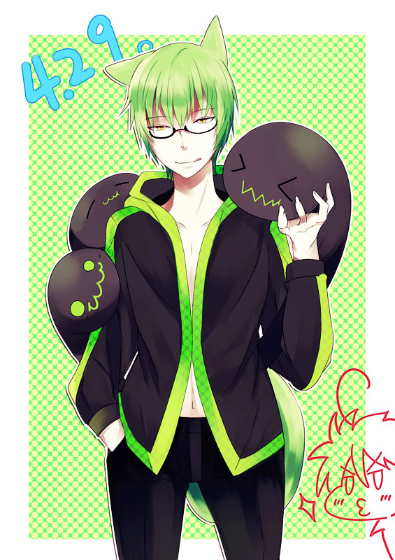 Safebooru - animal ears blazblue cat ears glasses green background ...