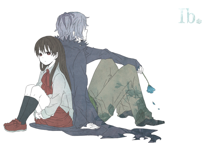 Safebooru - 1girl blue rose brown hair coat eve (ib) flower garry (ib ...