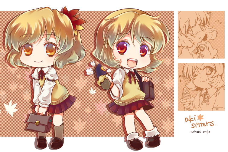 Safebooru - aki minoriko aki shizuha alternate costume bag blonde hair bow chibi food hair ...