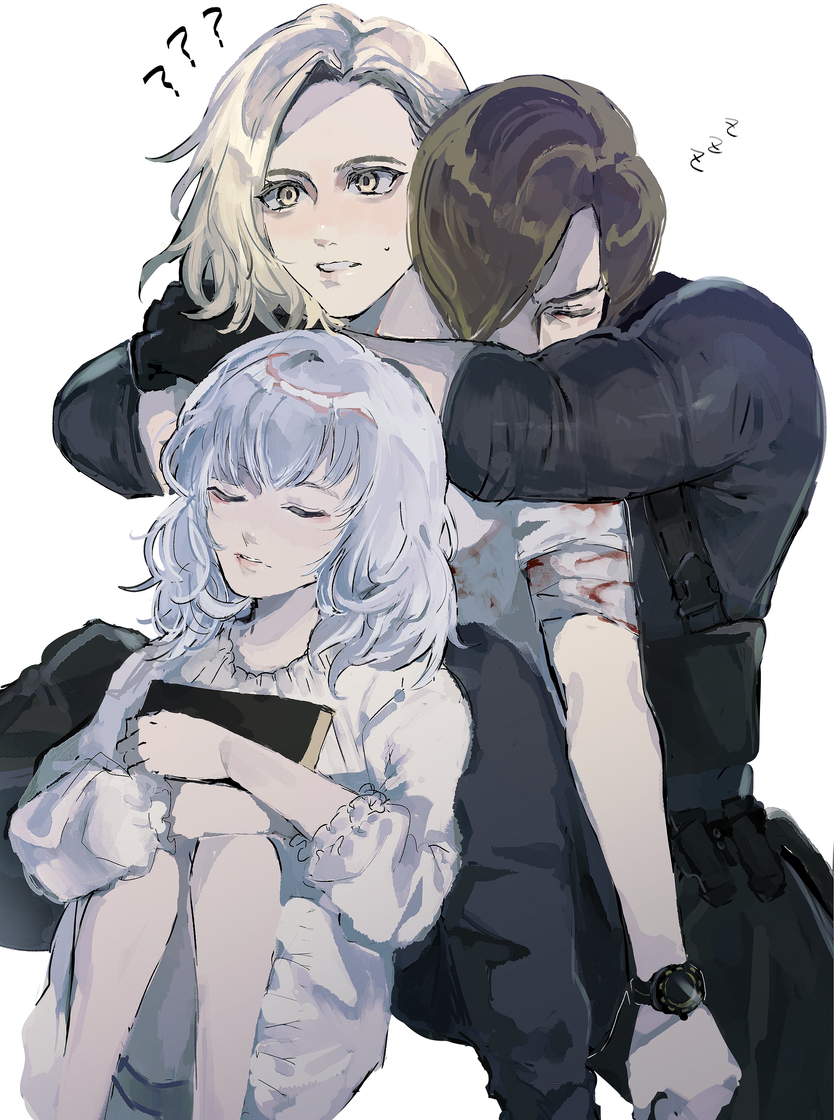 Safebooru - 1boy 2girls absurdres black gloves blonde hair blush book ...