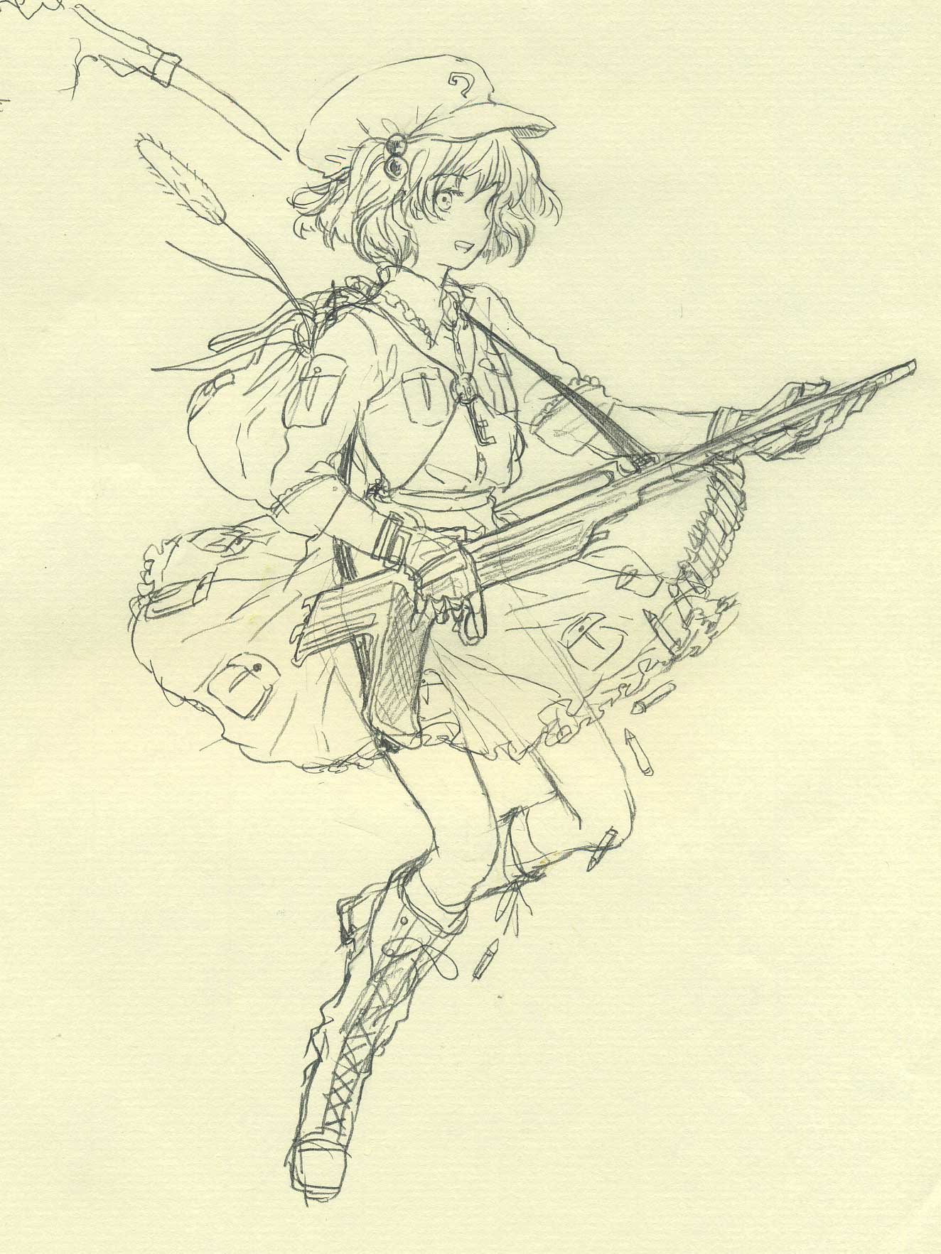 Safebooru - backpack bag graphite (medium) gun hat highres kawashiro ...