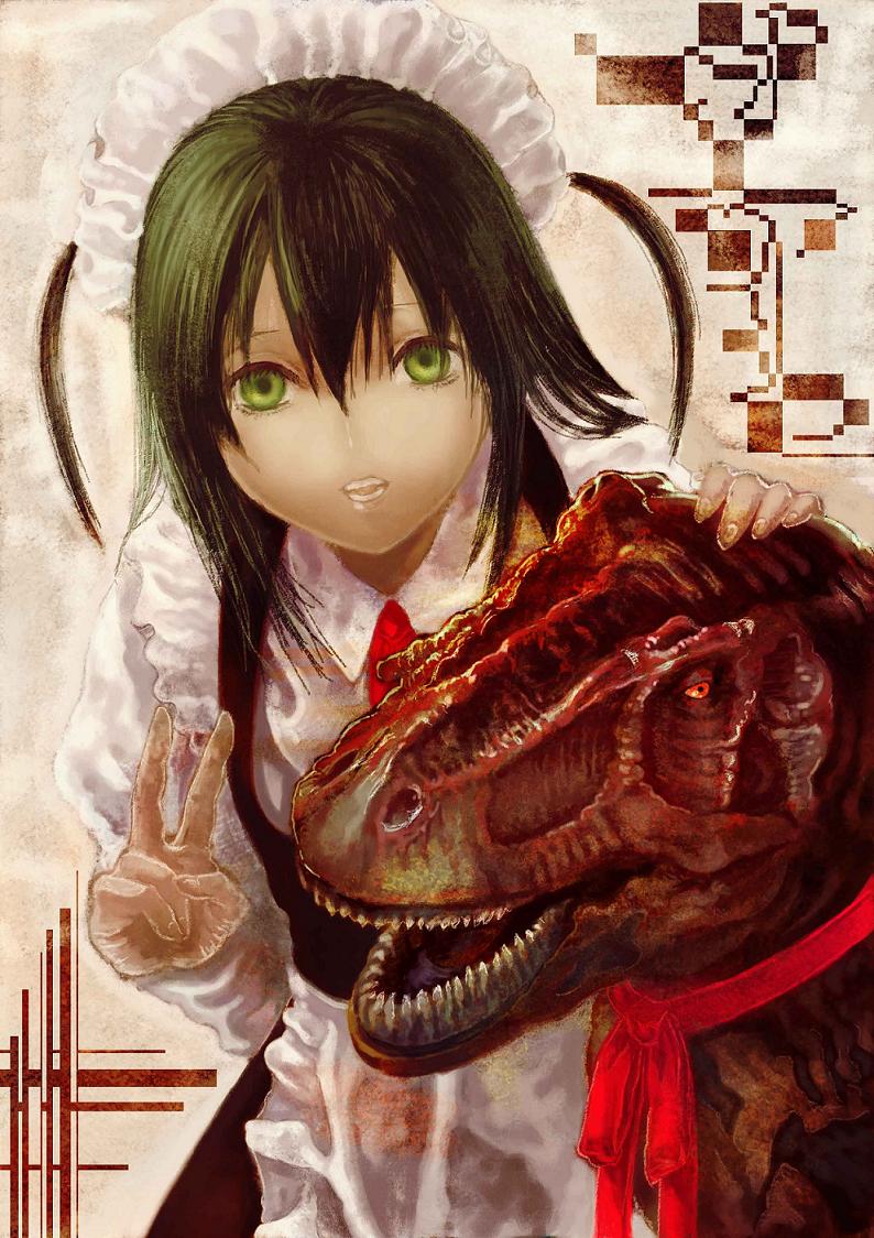 Safebooru - apron dinosaur green eyes green hair mablex maid maid ...