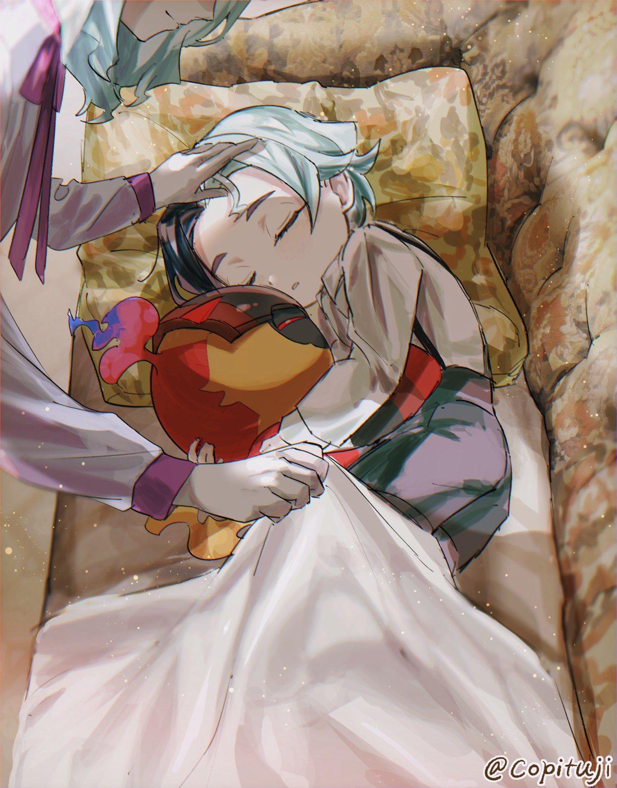 Safebooru - 1boy 1girl aged down amethio (pokemon) blanket blurry ...