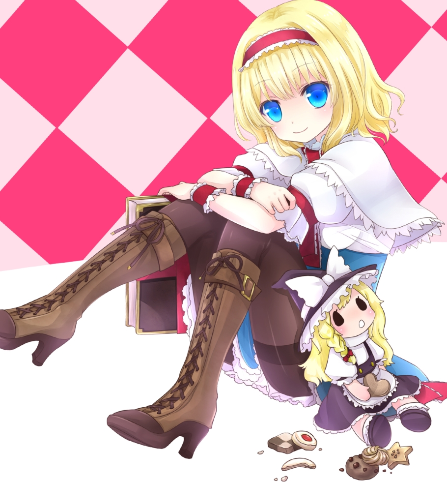 Safebooru - alice margatroid black legwear blonde hair blue eyes blush book boots capelet ...