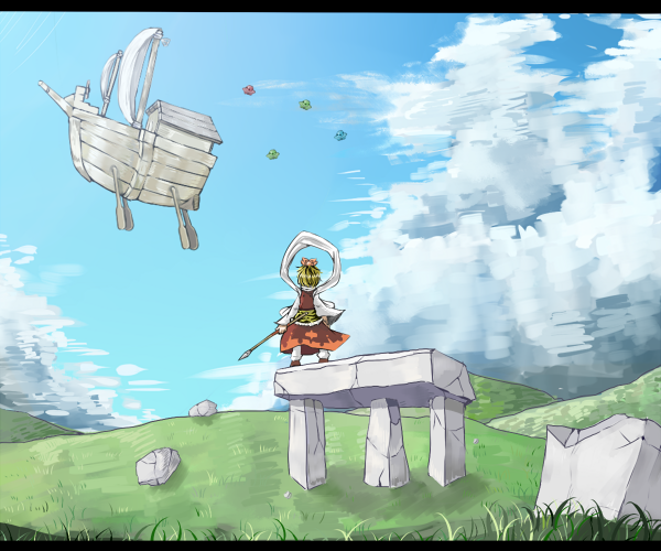 Safebooru - clouds hill kingreia palanquin ship polearm ruins sky spear ...