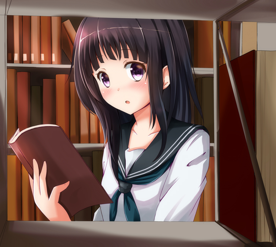 Safebooru - :o black hair blush book chitanda eru hyouka library long ...