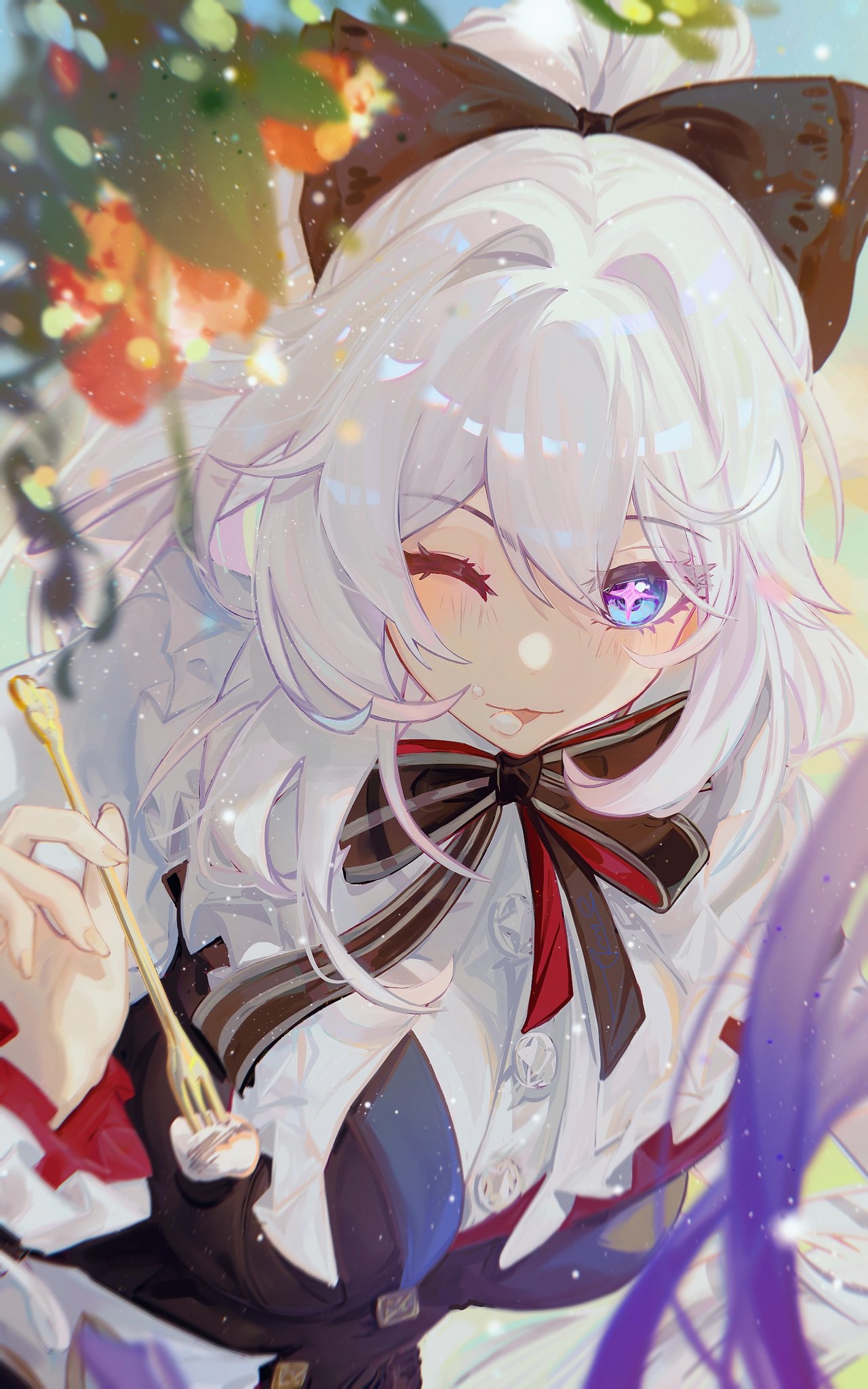 Safebooru - 1girl ;p black ribbon black shirt blue eyes breasts ...