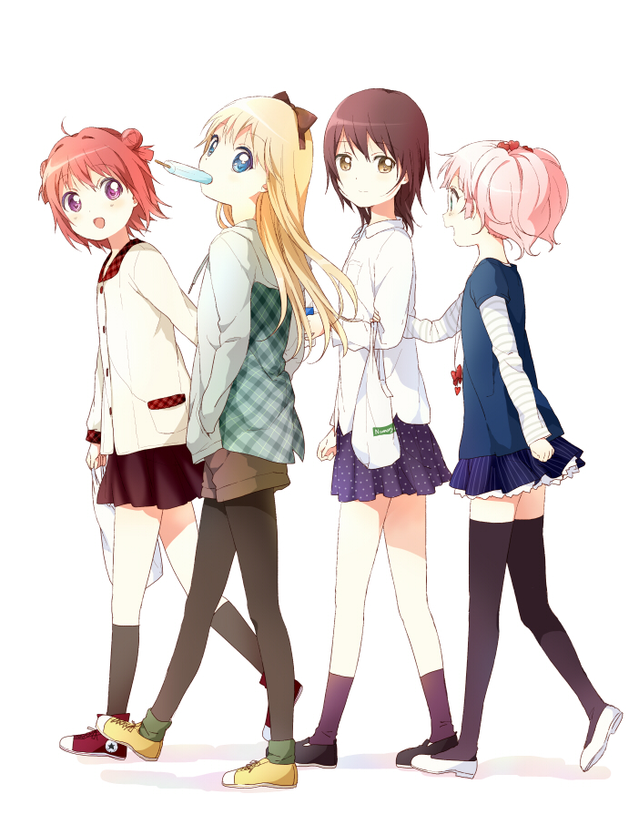 Safebooru - :d akaza akari arm holding bag black legwear blonde hair blue eyes brown eyes brown ...