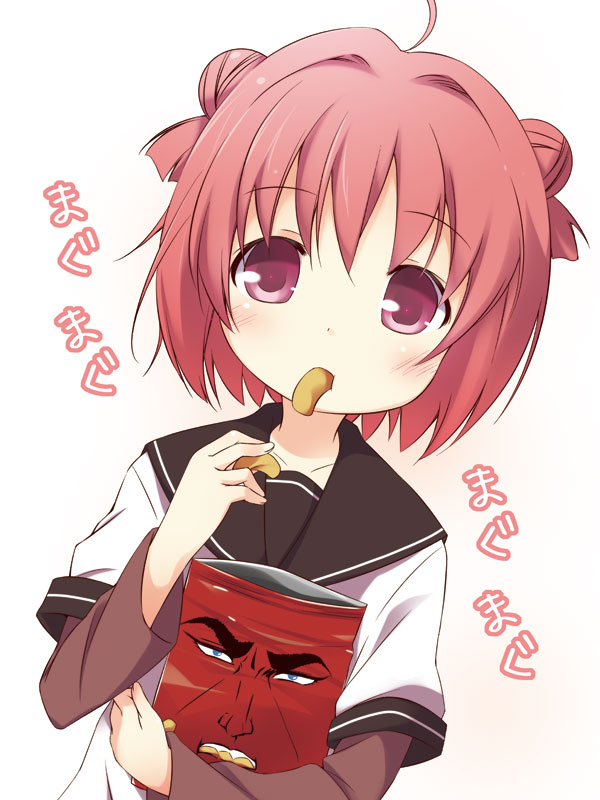Safebooru Ahoge Akaza Akari Blue Eyes Blush Double Bun Eating 0257