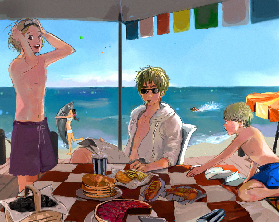 Safebooru - america (hetalia) axis powers hetalia basket beach bikini blonde hair brown hair ...