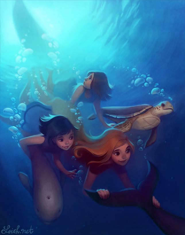 Safebooru - bare legs barefoot black hair boat bob cut brown hair bubble diving dolphin dress ...