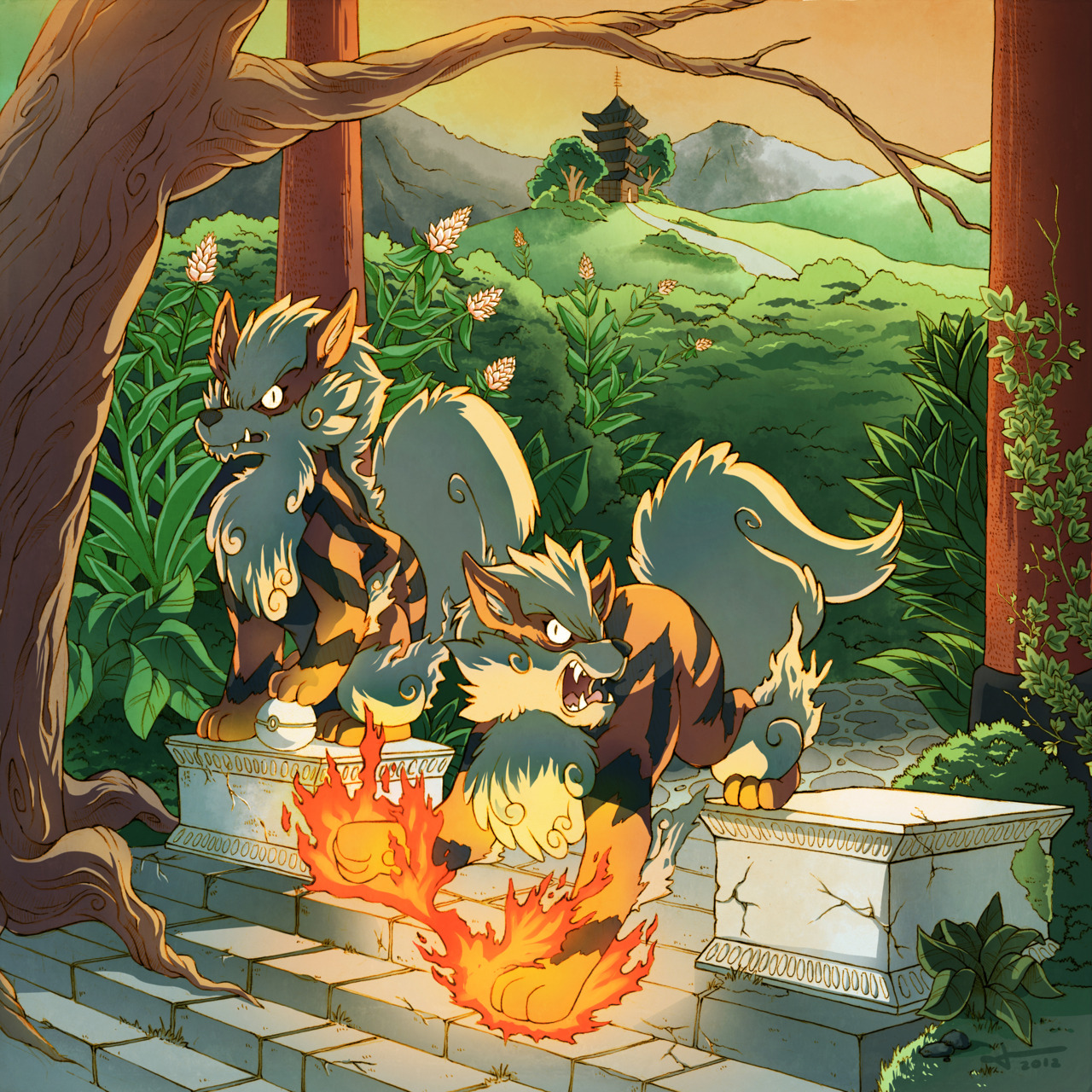 Safebooru - arcanine creature dated east asian architecture fire forest ...
