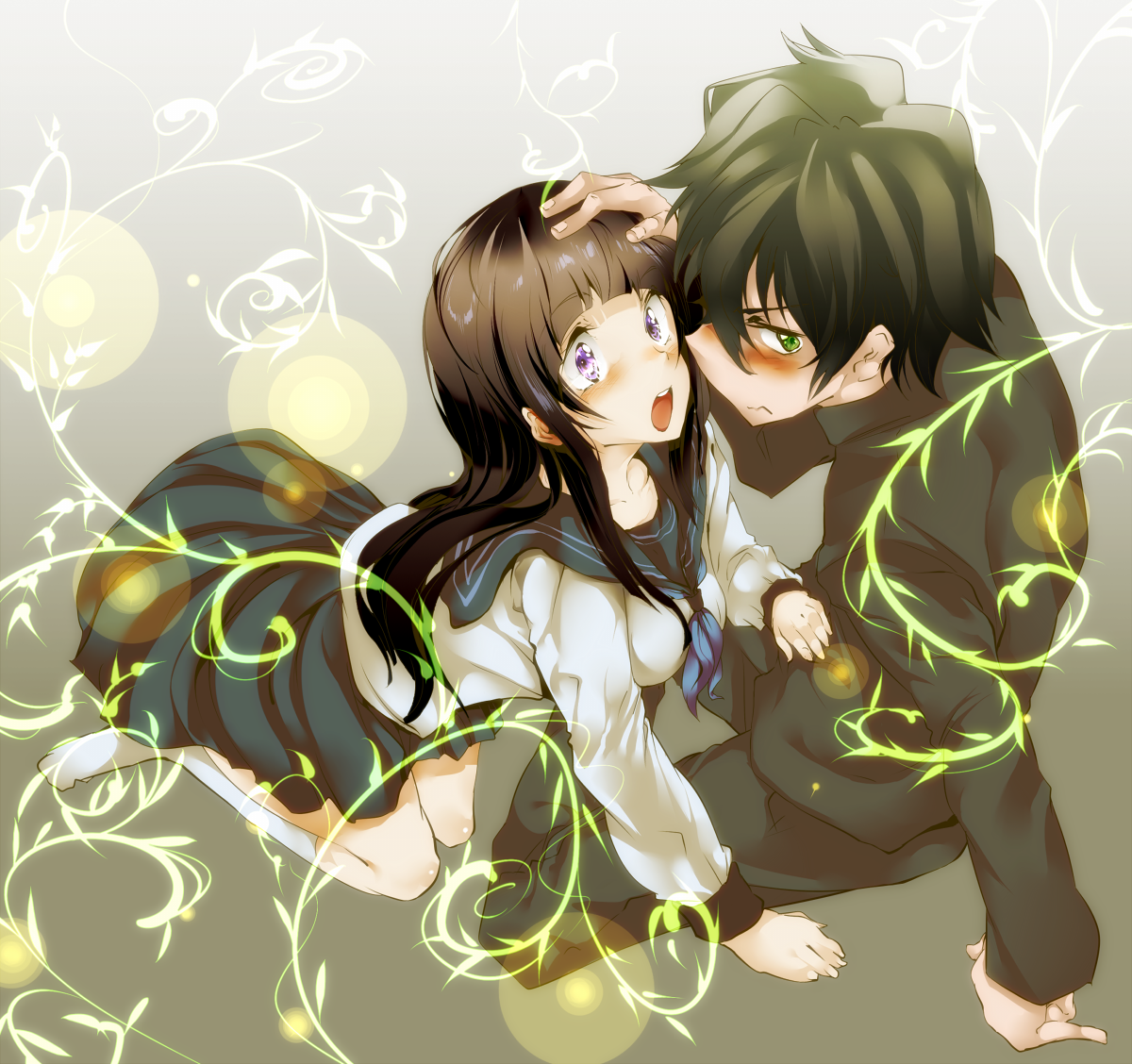 Safebooru - 1girl black hair blush breasts chitanda eru frown gakuran ...