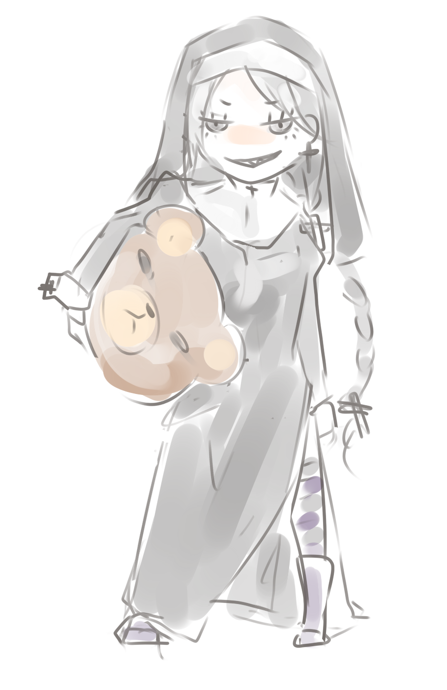 Safebooru - 1girl bear head braid chibibro cross grin habit highres ...