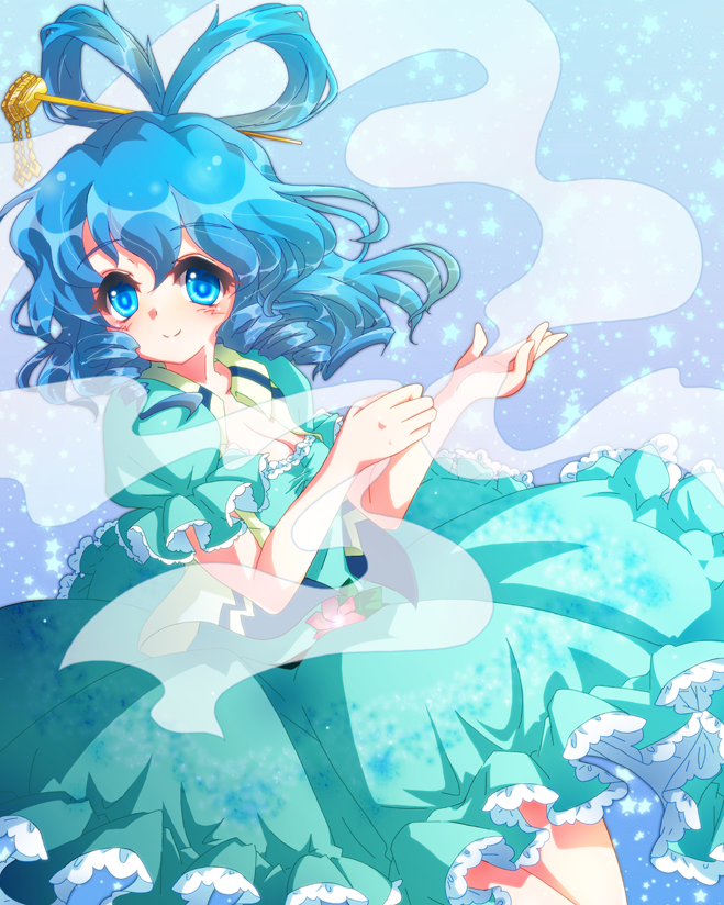Safebooru Blue Eyes Blue Hair Breasts Cleavage Dress Hair Rings Hair 2475