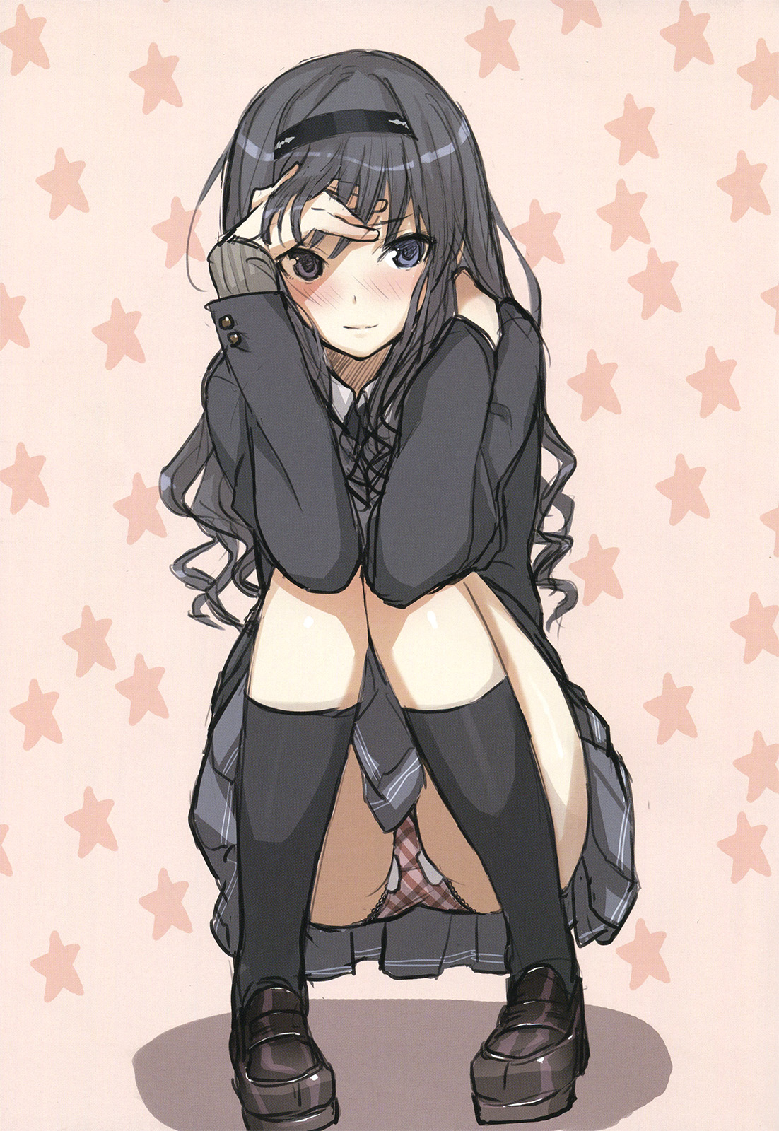 Safebooru - amagami black eyes black hair black legwear blush curly hair hairband hand in hair ...
