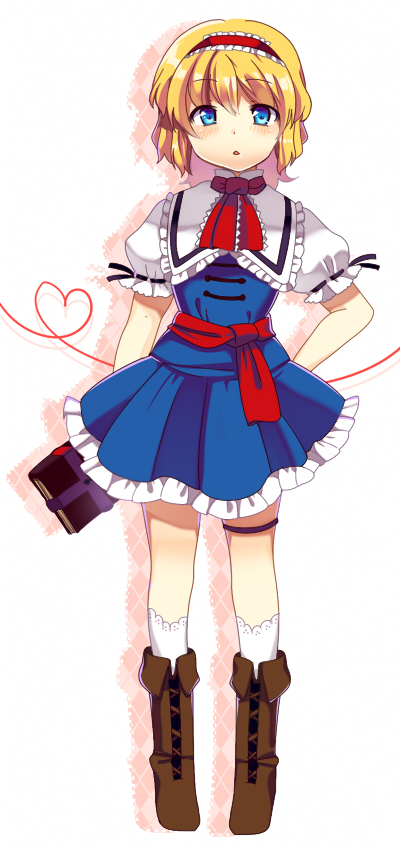 Safebooru - alice margatroid blonde hair blue eyes blush book boots capelet full body hairband ...