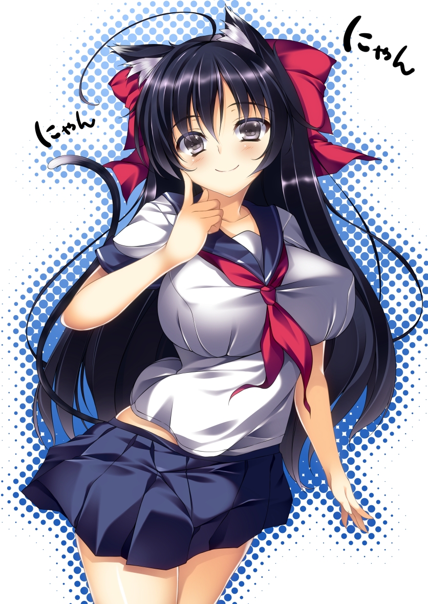 Safebooru - ahoge animal ears black eyes black hair blush breasts cat ears cat tail finger to ...