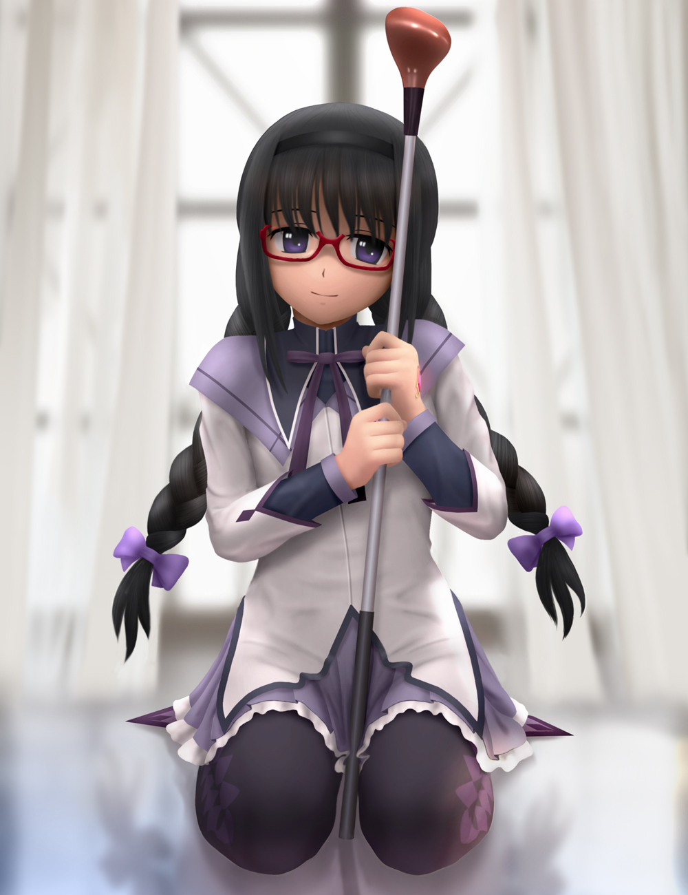 Safebooru - akemi homura black hair blush braid curtains glasses golf club hairband highres ...