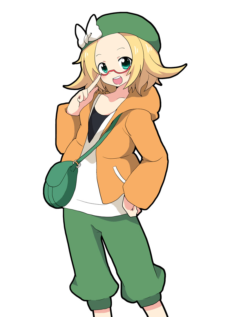 Safebooru - :d adjusting glasses bag baseball cap bel (pokemon) beret ...