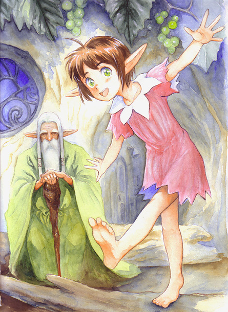 Safebooru - 1boy 1girl balancing barefoot blush brown hair dress elf ...