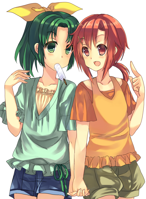 Safebooru - :o blush green eyes green hair hand holding hatano h hino akane holding hands ...