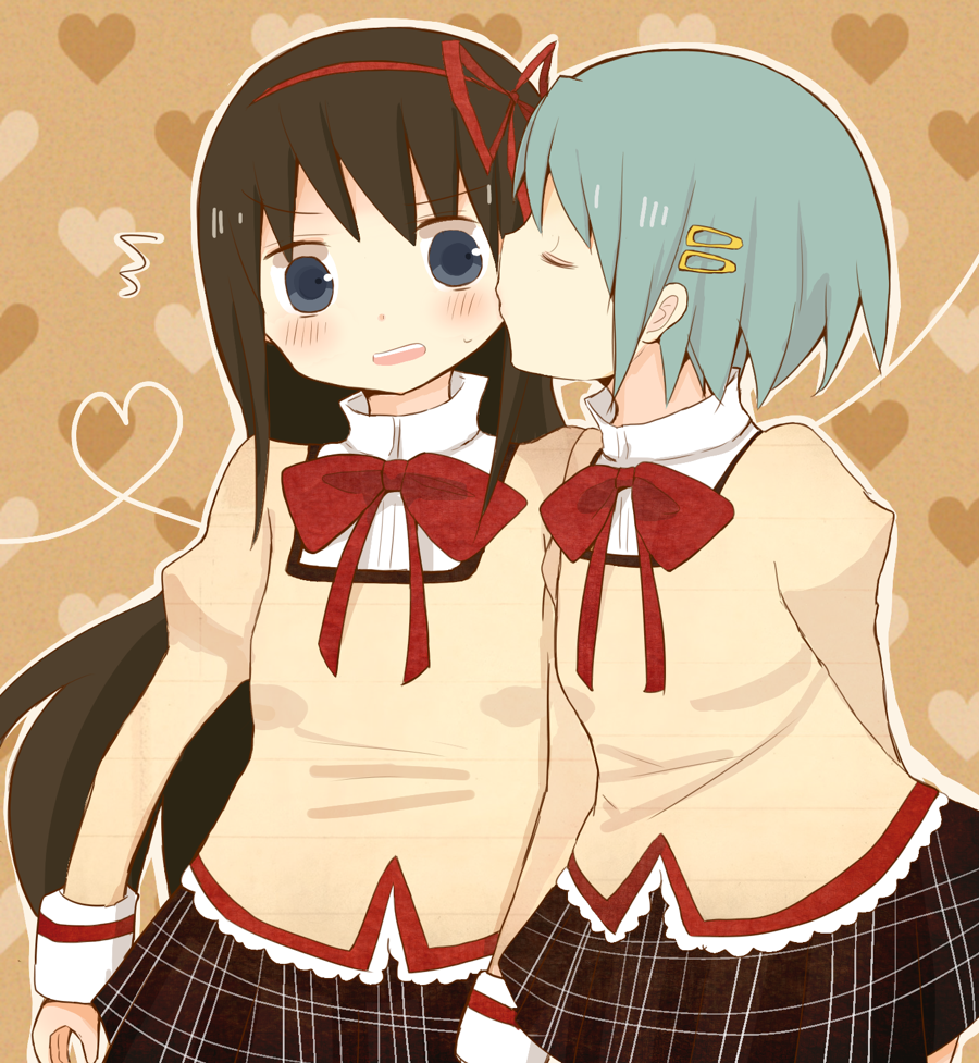 Safebooru - 2girls akemi homura black hair blue hair cheek kiss closed eyes eyes closed hair ...
