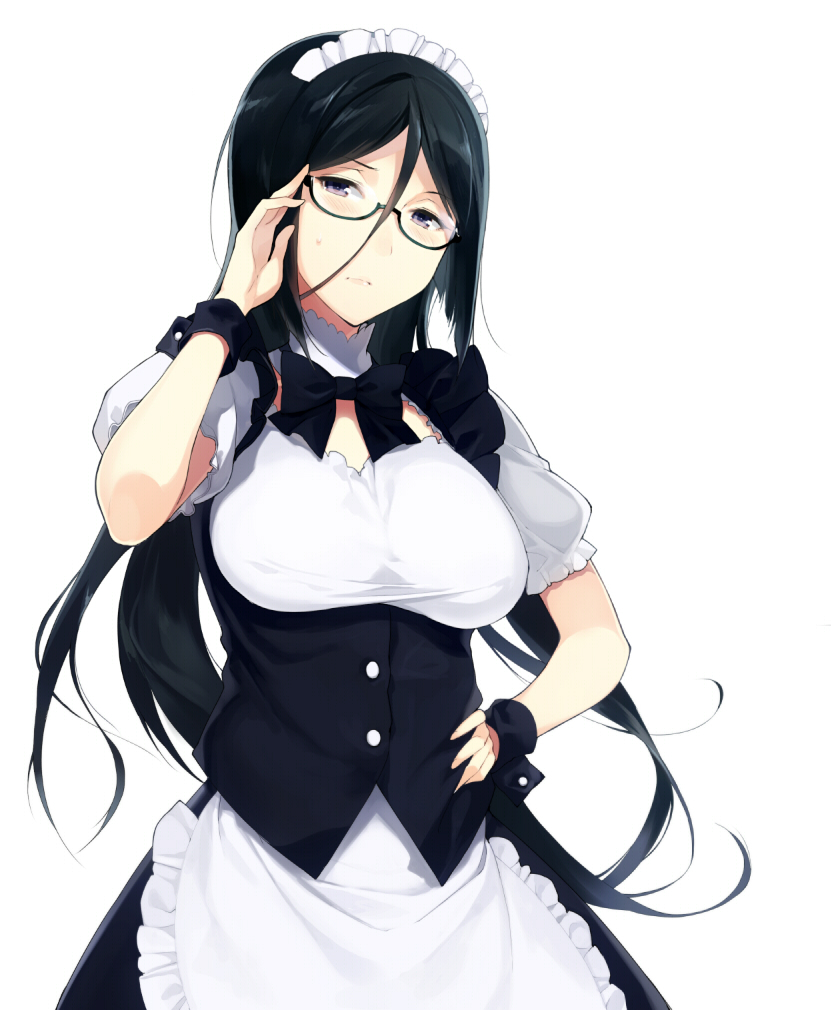 Safebooru - adjusting glasses alternate costume apron bespectacled black hair blue eyes bowtie ...