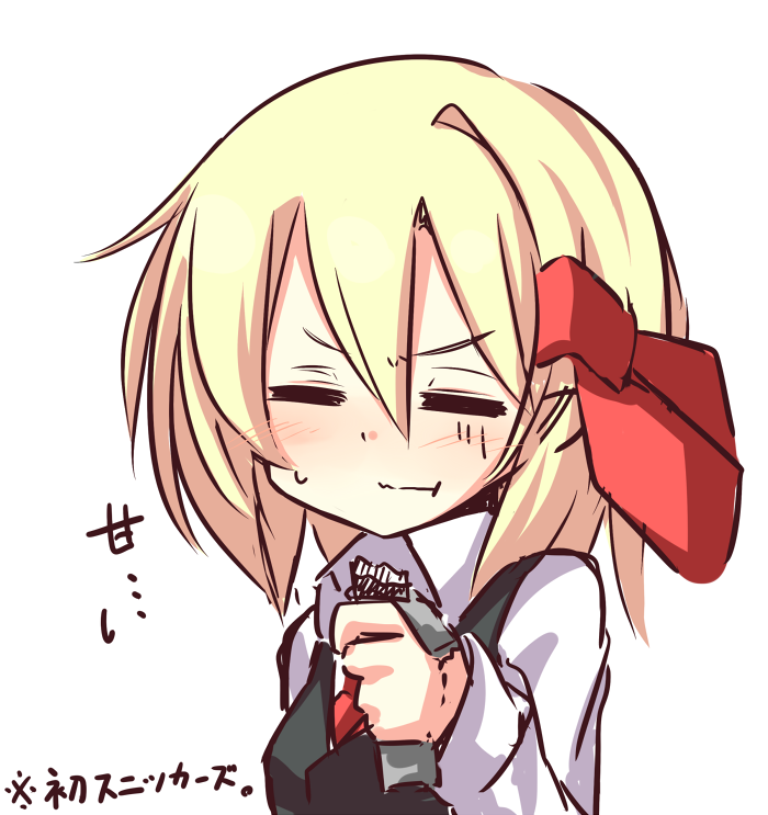 Safebooru - blonde hair blush closed eyes eyes closed hair ribbon kikiriri long sleeves necktie ...