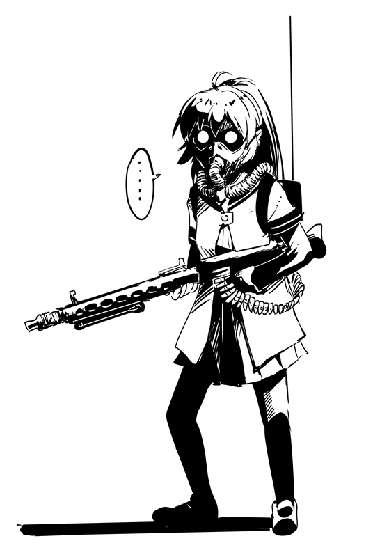 Safebooru - 1girl gas mask gun jin roh machine gun mg42 monochrome ...