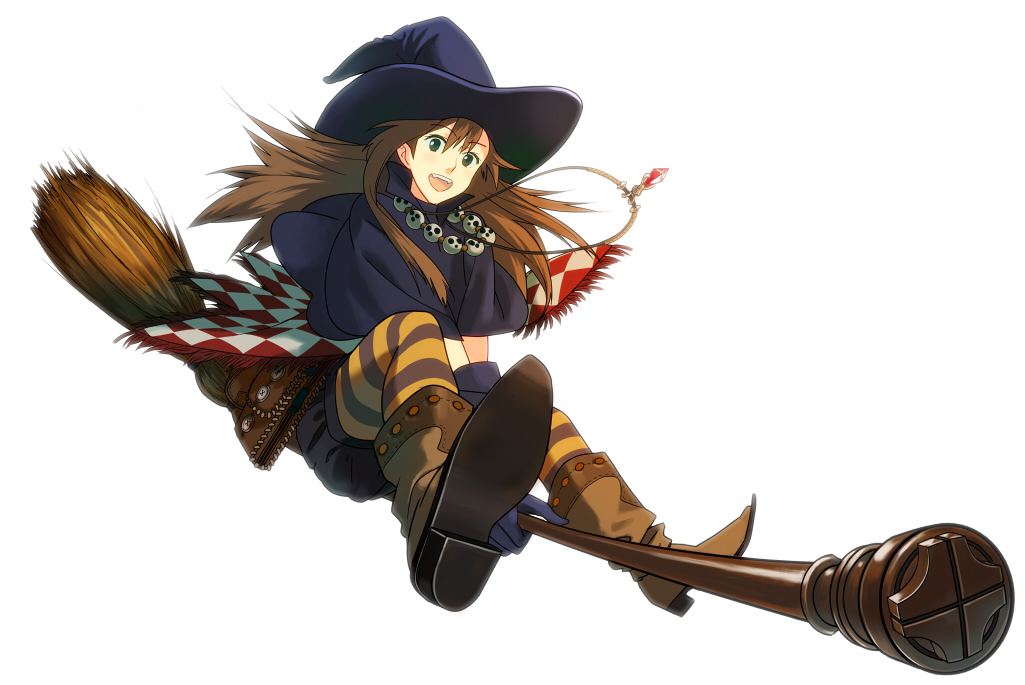 Safebooru - broom broom riding brown hair edo umi green eyes happy hat ...