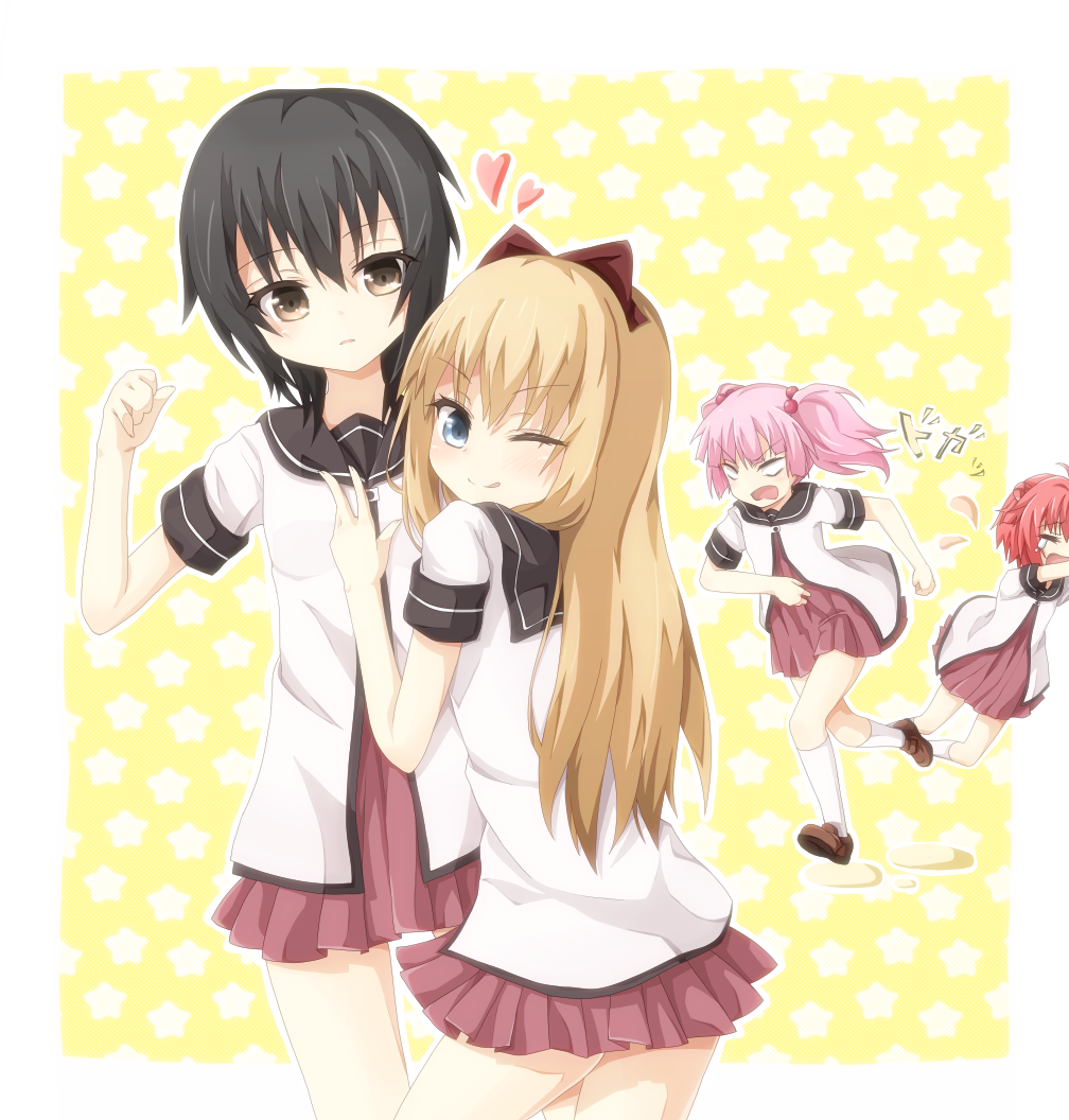 Safebooru - :q akaza akari angry black hair blonde hair blue eyes bow ...